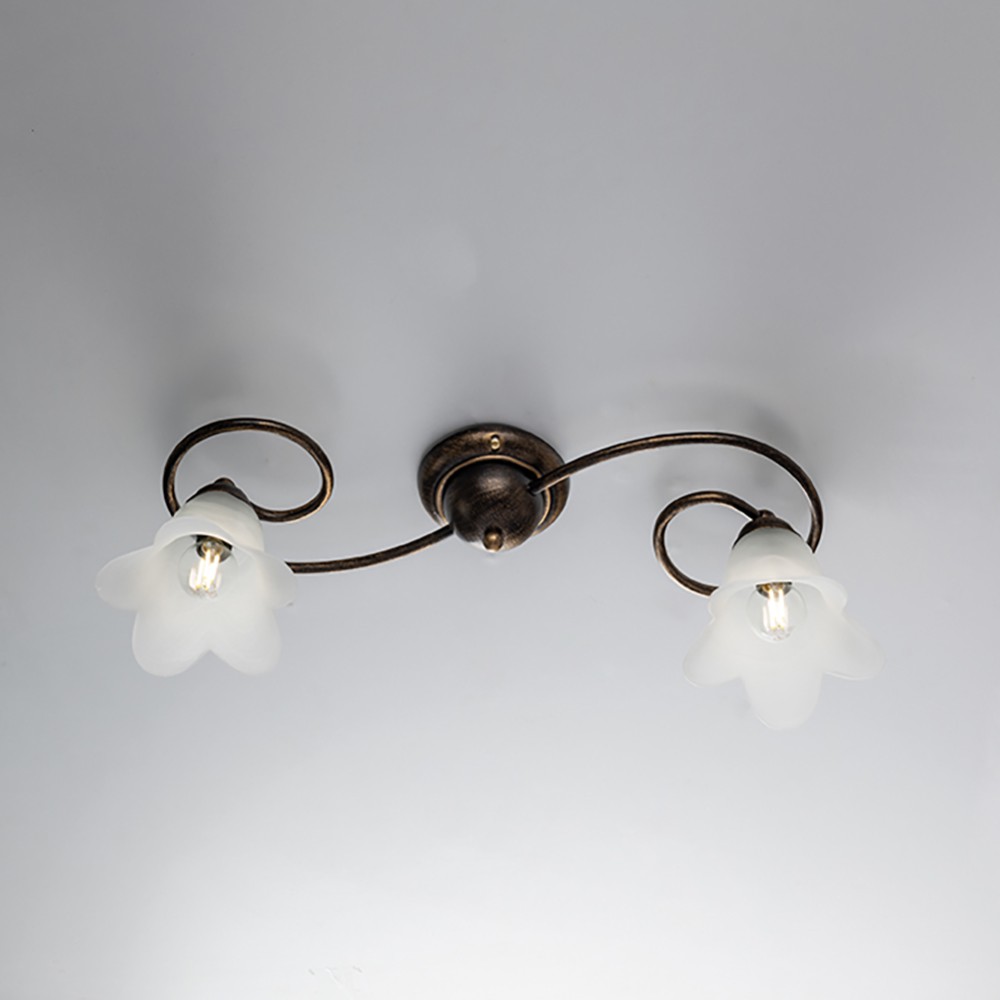 Plafoniera Rustica 2 Luci Ferro Battuto Marrone con Decoro Oro Alice Be ...