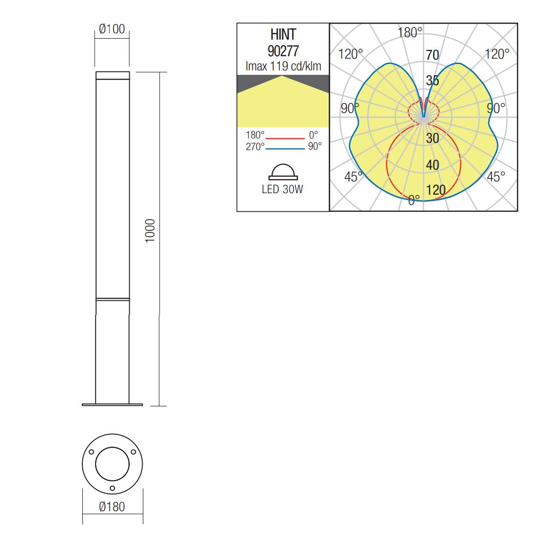 Palo Da Giardino Led 100w 3000k 200 cm Grigio IP54 Hint Redo